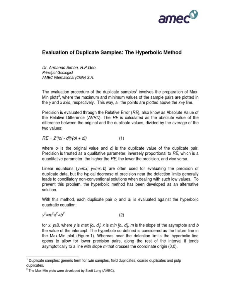 Evaluation of Duplicate Samples: The Hyperbolic Method: Dr. Armando ...