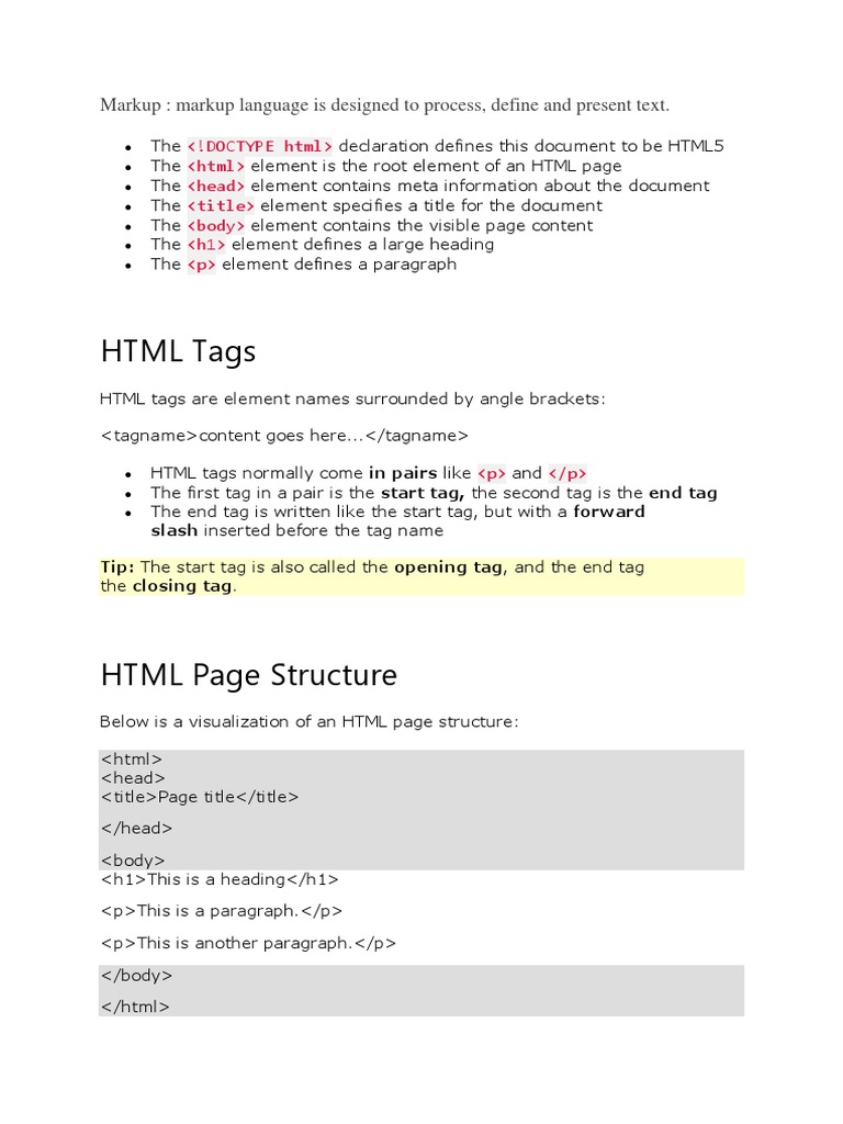 Html Tags Markup Markup Language Is Designed To Process Define And Present Text Pdf Html 