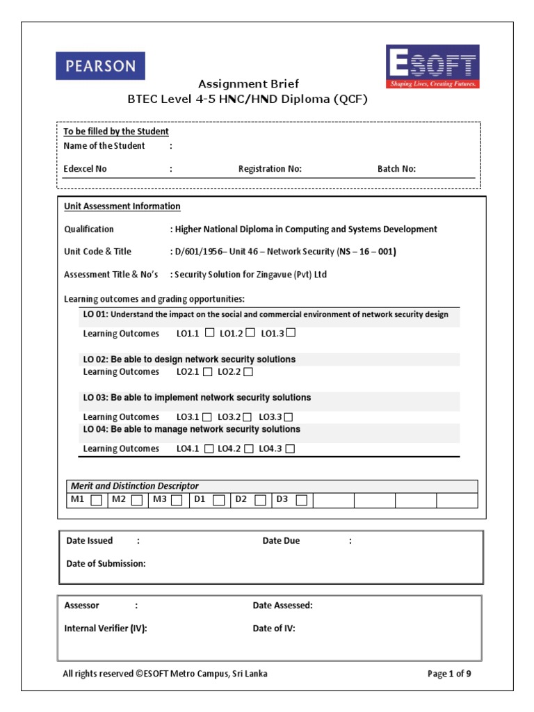 Assignment Brief BTEC Level 4-5 HNC/HND Diploma (QCF) : To Be Filled by ...