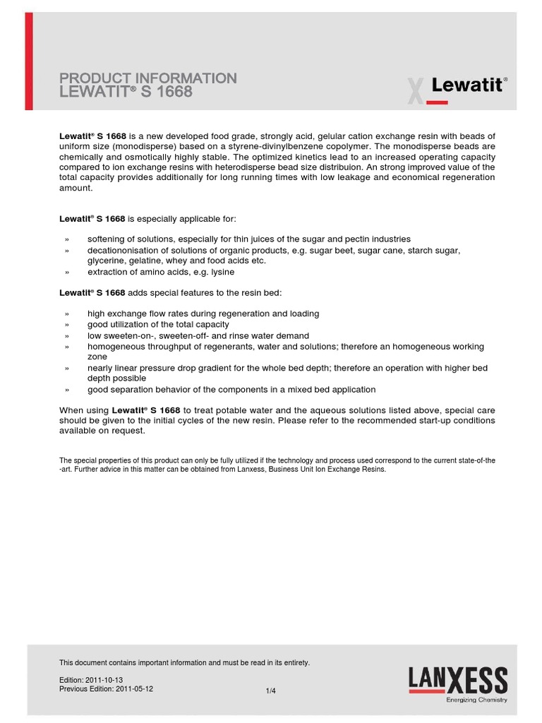 Lewatit-S-1668-L RESIN PDF | PDF | Ion Exchange | Hydrochloric Acid
