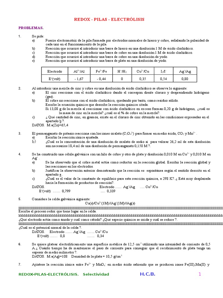 Reacciones redox, pilas y electrolisis: Problemas y ejercicios resueltos | PDF | Redox ...