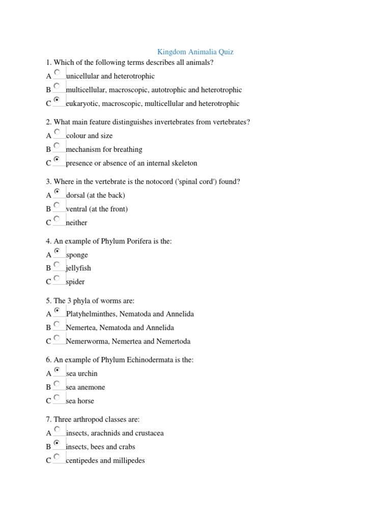 Kingdom Animalia Quiz | PDF | Invertebrate | Organisms
