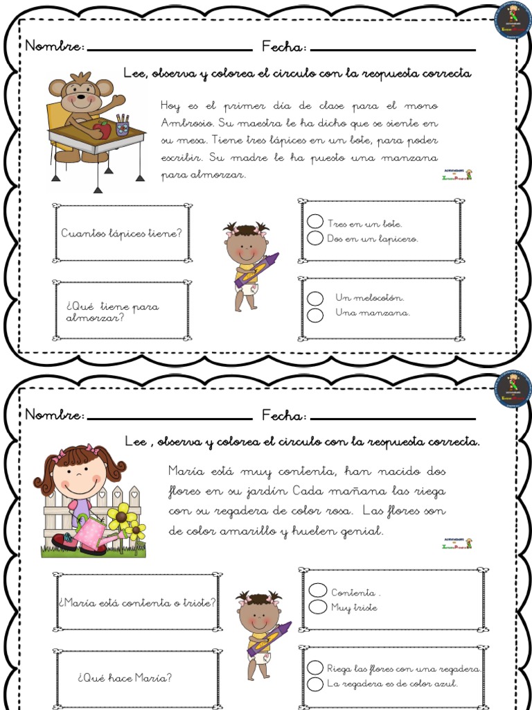 Bonitas Fichas para Trabajar Las Lecturas Comprensivas PDF | PDF ...