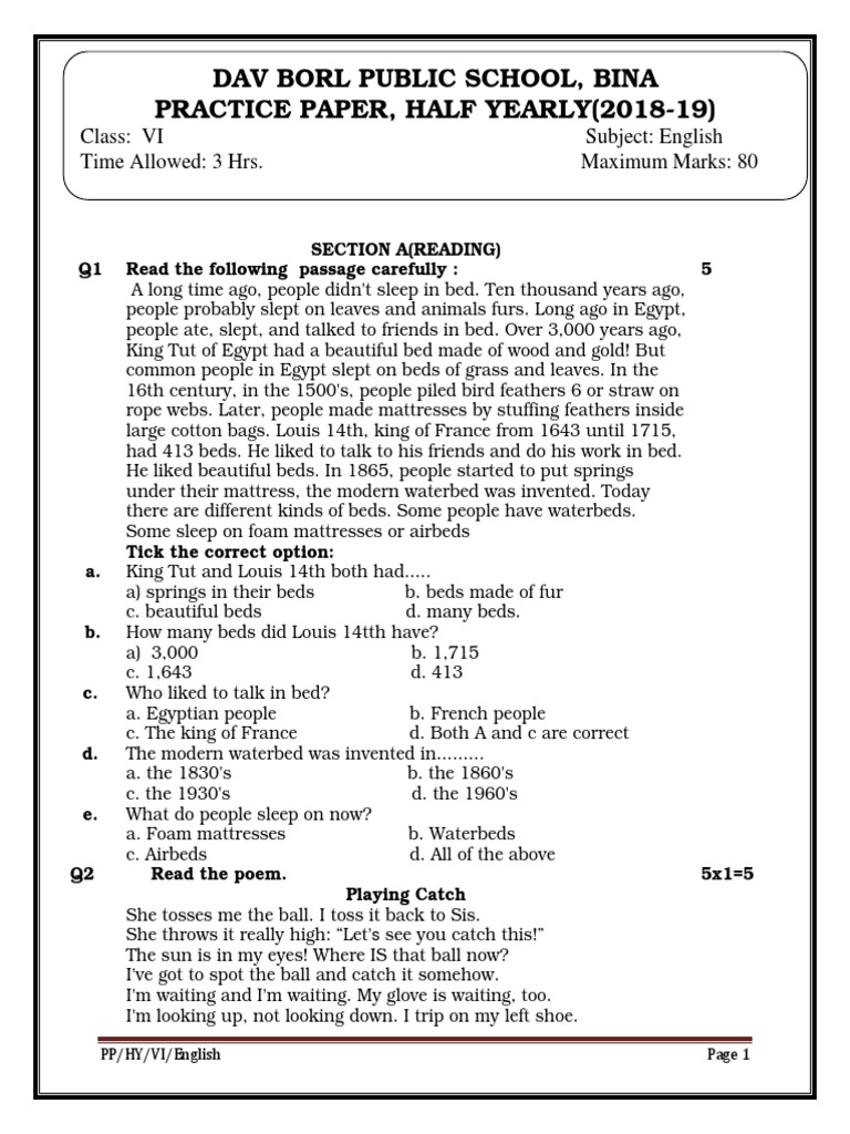 Dav Borl Public School, Bina Practice Paper, Half Yearly (2018-19 ...