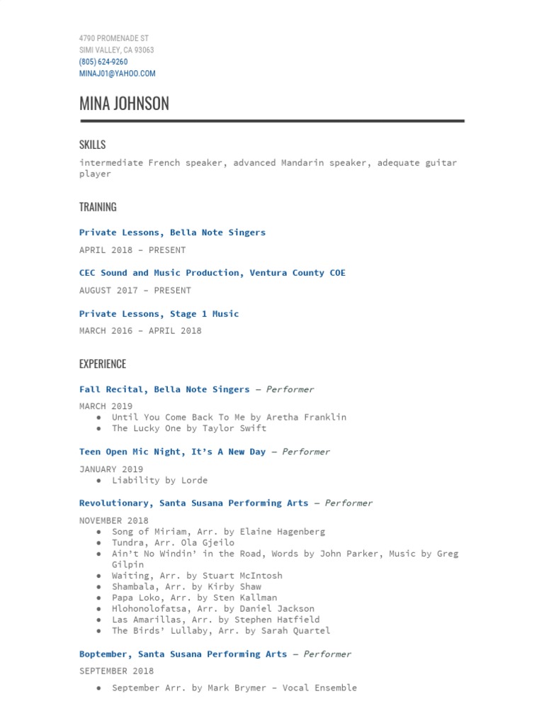 Vocal Music Resume | PDF | Musicians | Performing Arts