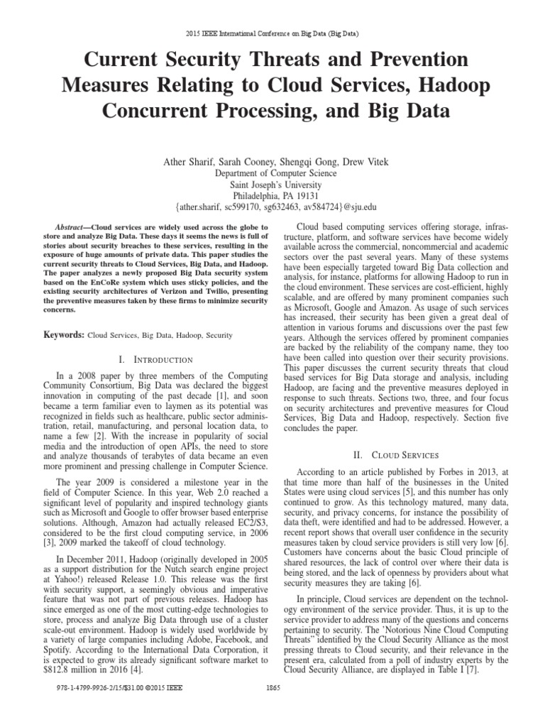 Current Security Threats and Prevention Measures Relating To Cloud Services, Hadoop Concurrent ...