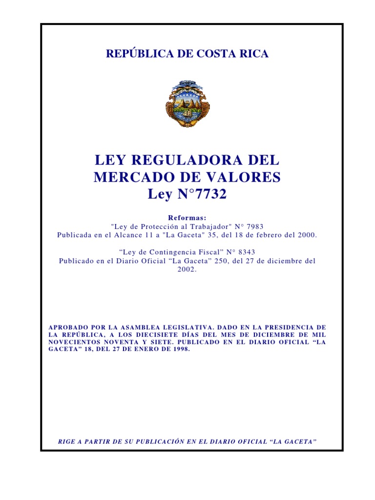 Ley Reguladora Mercado de Valores N 7732 | Descargar gratis PDF | Bolsa ...