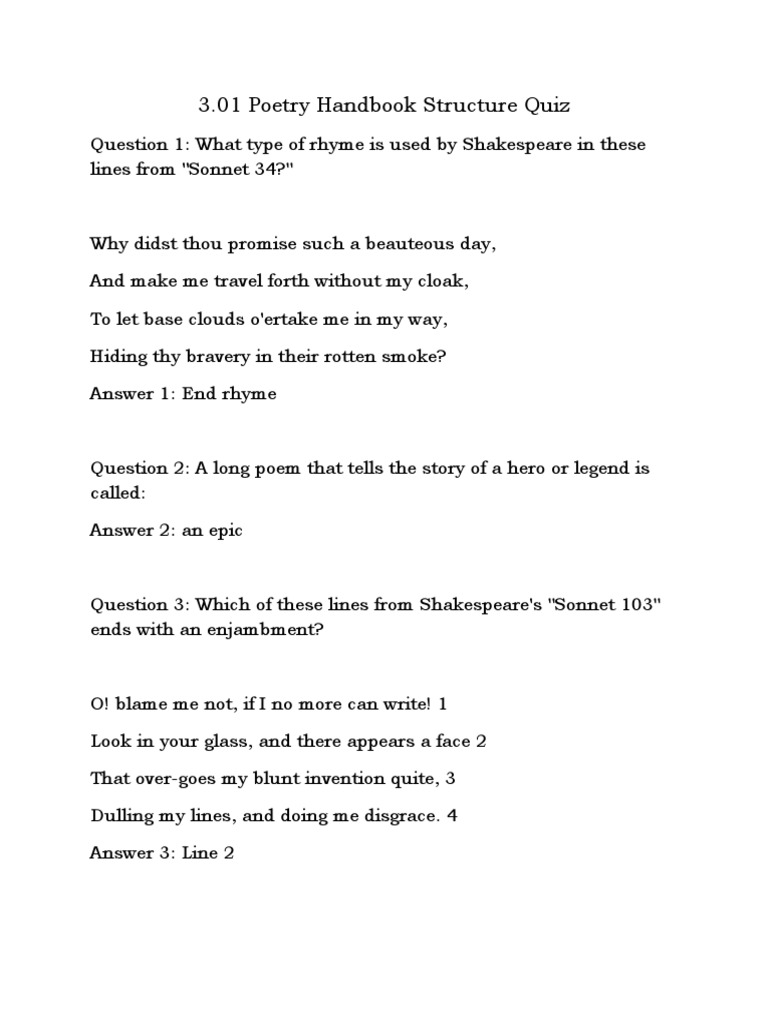 Poetry Structure Quiz Answers | PDF | Classics | General Fiction
