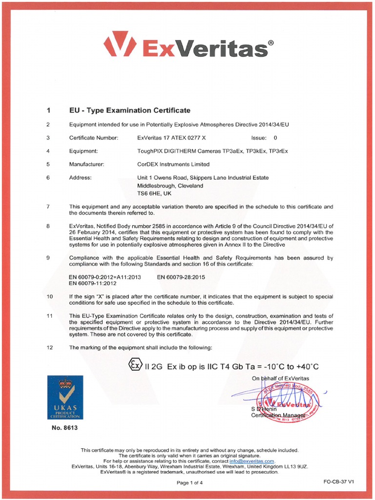 Certificado Atex Camara Digitherm Cordex Exveritas 17 Atex 0277 X | PDF
