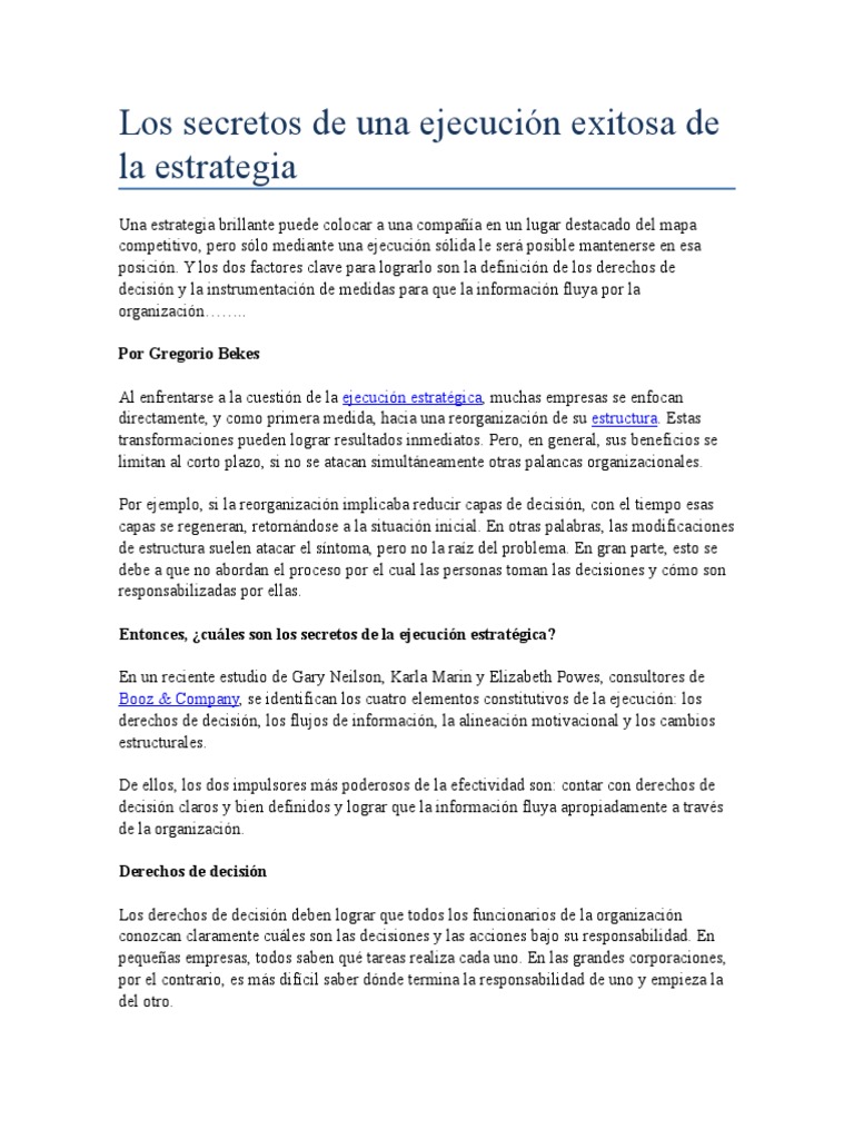 Los Secretos de Una Ejecución Exitosa de La Estrategia: Por Gregorio ...