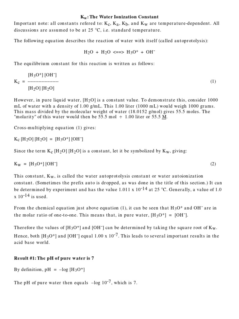 K: The Water Ionization Constant | PDF | Mole (Unit) | Properties Of Water