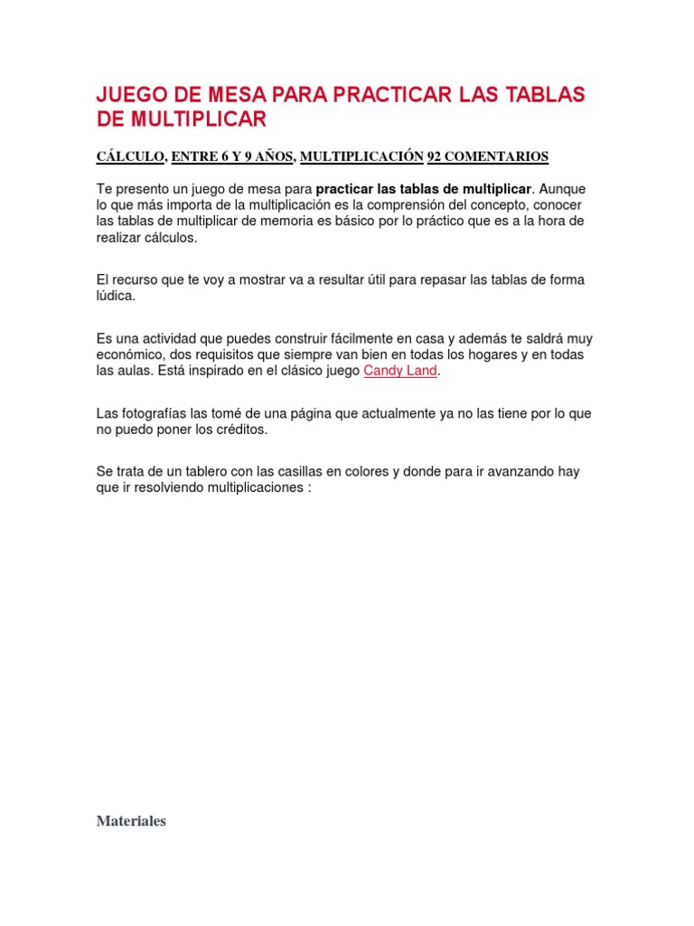 Juego de Mesa para Practicar Las Tablas de Multiplicar | PDF | Color ...