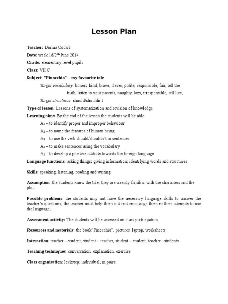 Pinocchio Lesson Plan S 16 | PDF | Pinocchio | Teachers