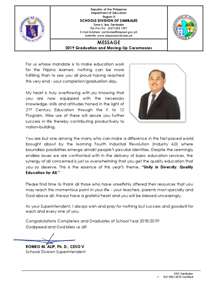 SDS Dr. Romeo M. Alip Message Graduation 2019 | PDF