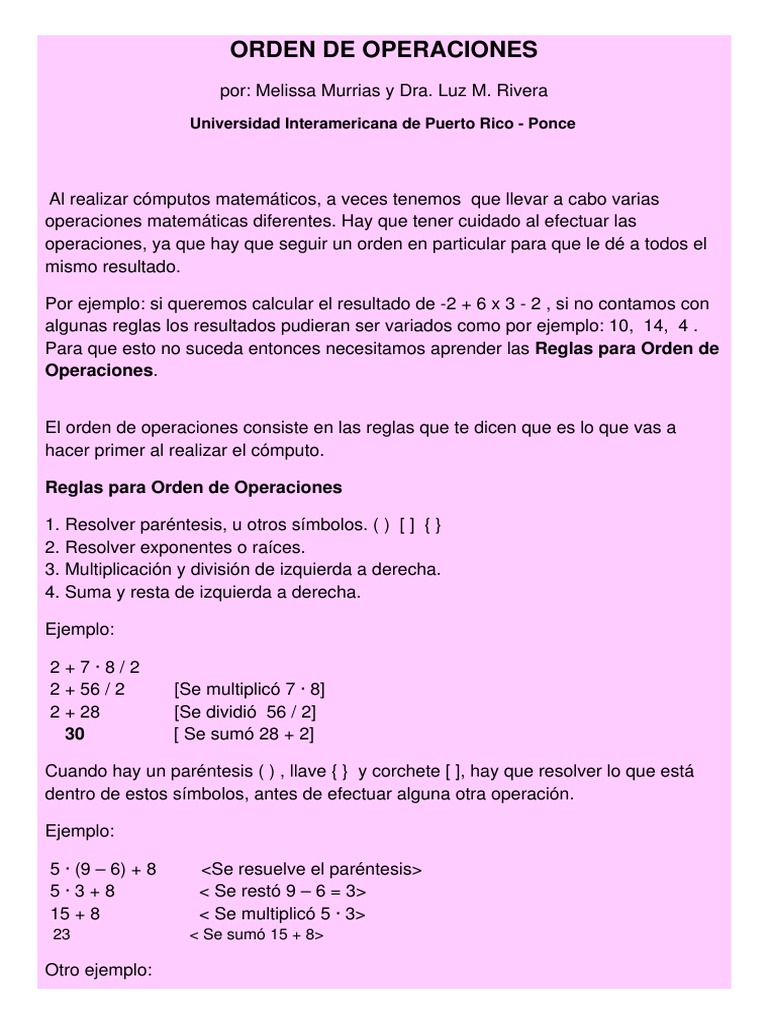 Orden de Operaciones | PDF | Soporte | Multiplicación