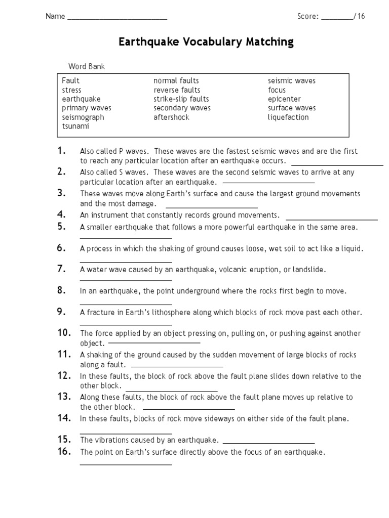 Earthquake Vocabulary Matching | PDF | Earthquakes | Geological Hazards
