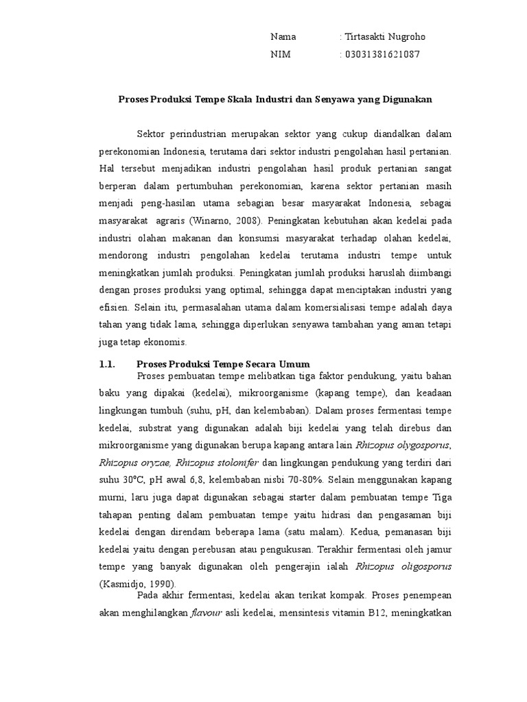 Proses Produksi Tempe Skala Industri Dan Senyawa Yang Digunakan | PDF