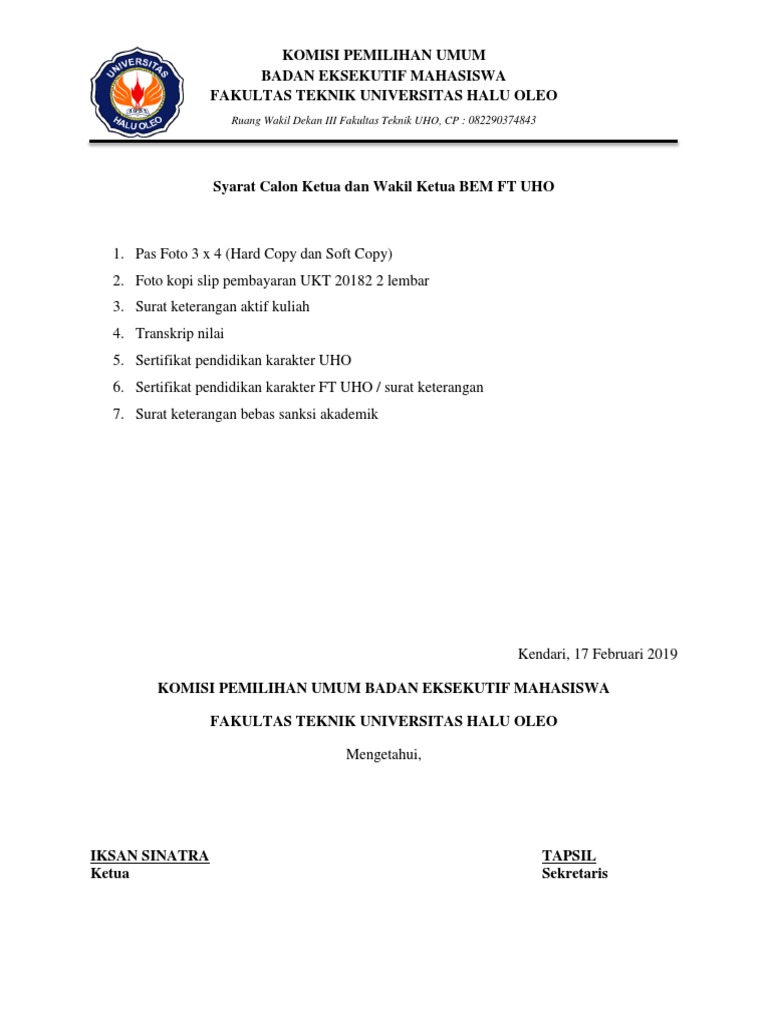Syarat Calon Ketua Dan Wakil Ketua BEM FT UHO | PDF
