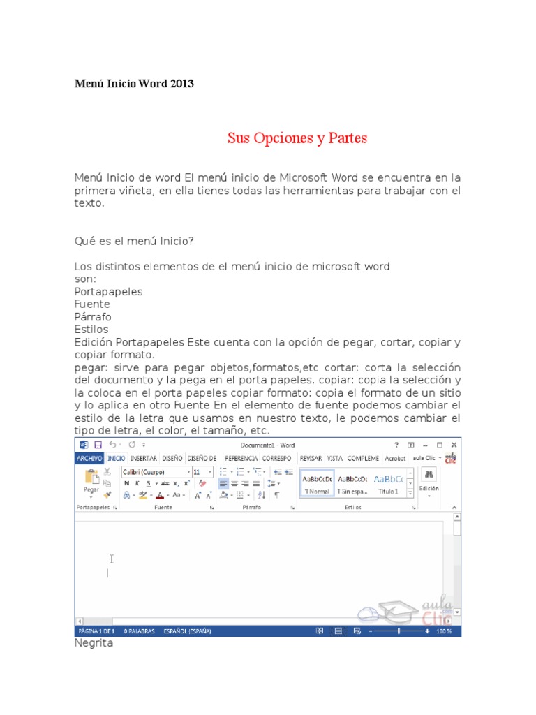 Menú Inicio Word 2013 | PDF
