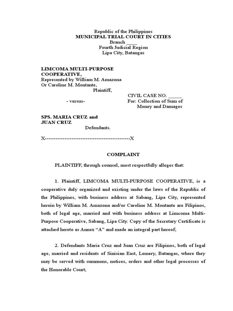 Sample Complaint For Collection 2 | PDF | Lawsuit | Complaint