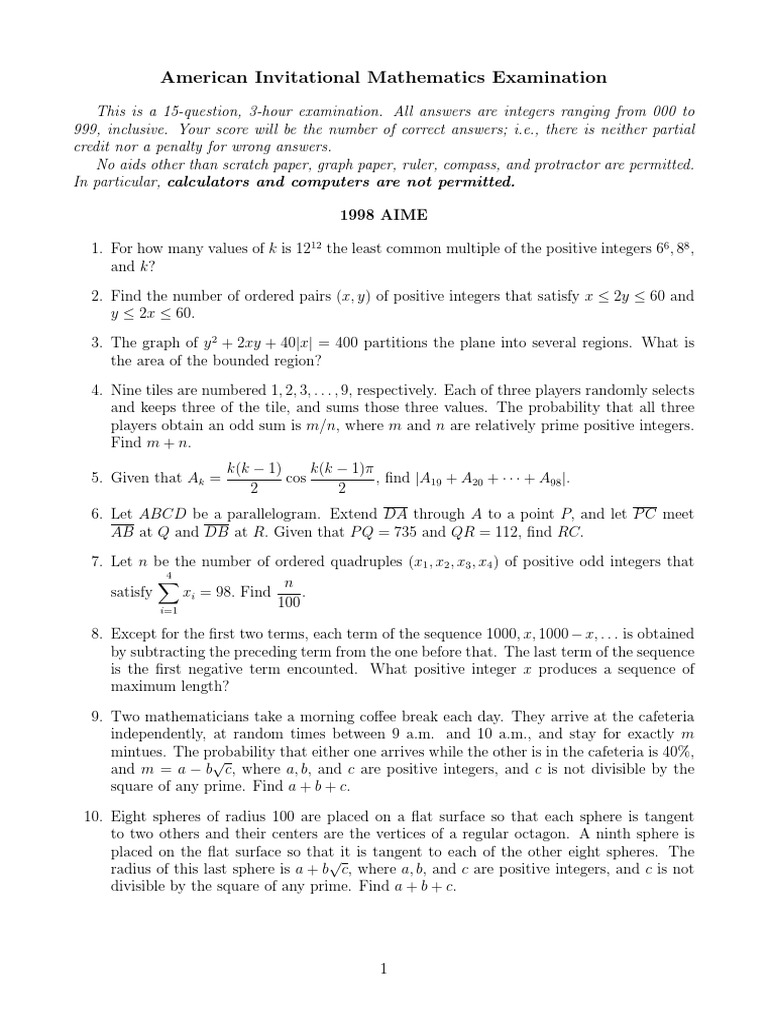 American Invitational Mathematics Examination | PDF