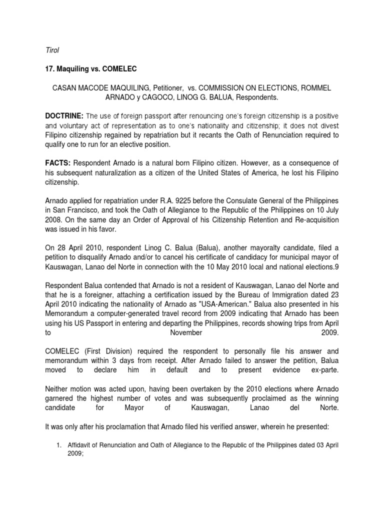 Maquiling vs. COMELEC | Download Free PDF | Naturalization | Citizenship