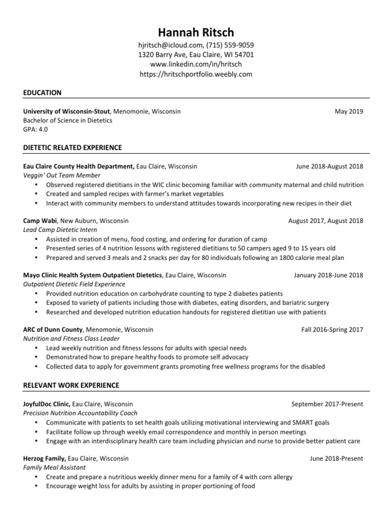 Dietetic Internship Resume pdf1 | PDF | Dietitian | Nutrition