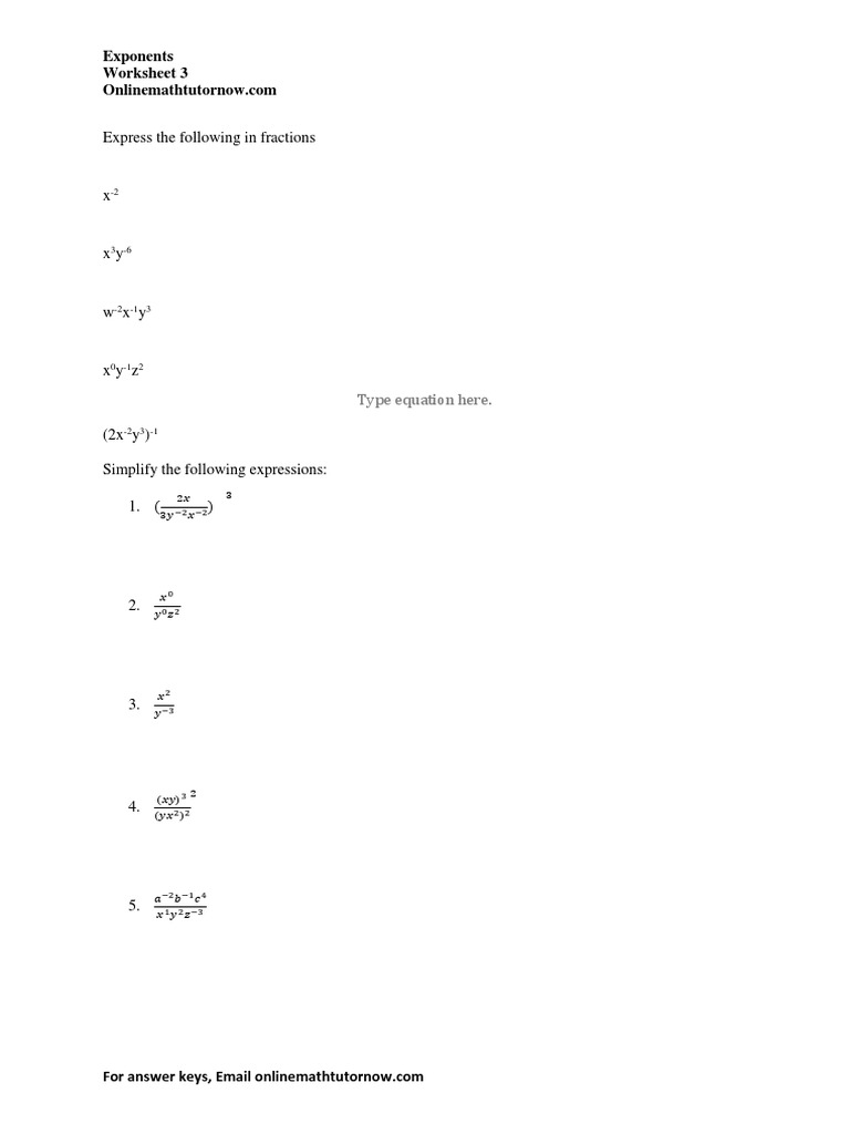 Express The Following in Fractions: Exponents Worksheet 3 | PDF ...