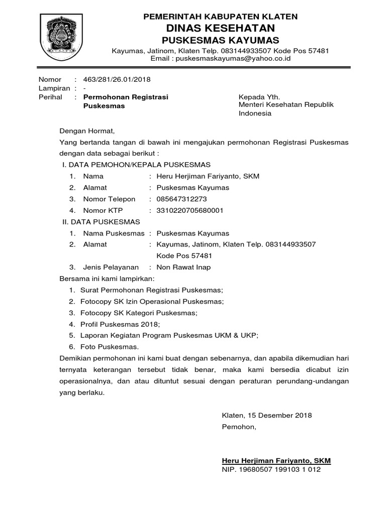 Surat Permohonan Registrasi Puskesmas | PDF