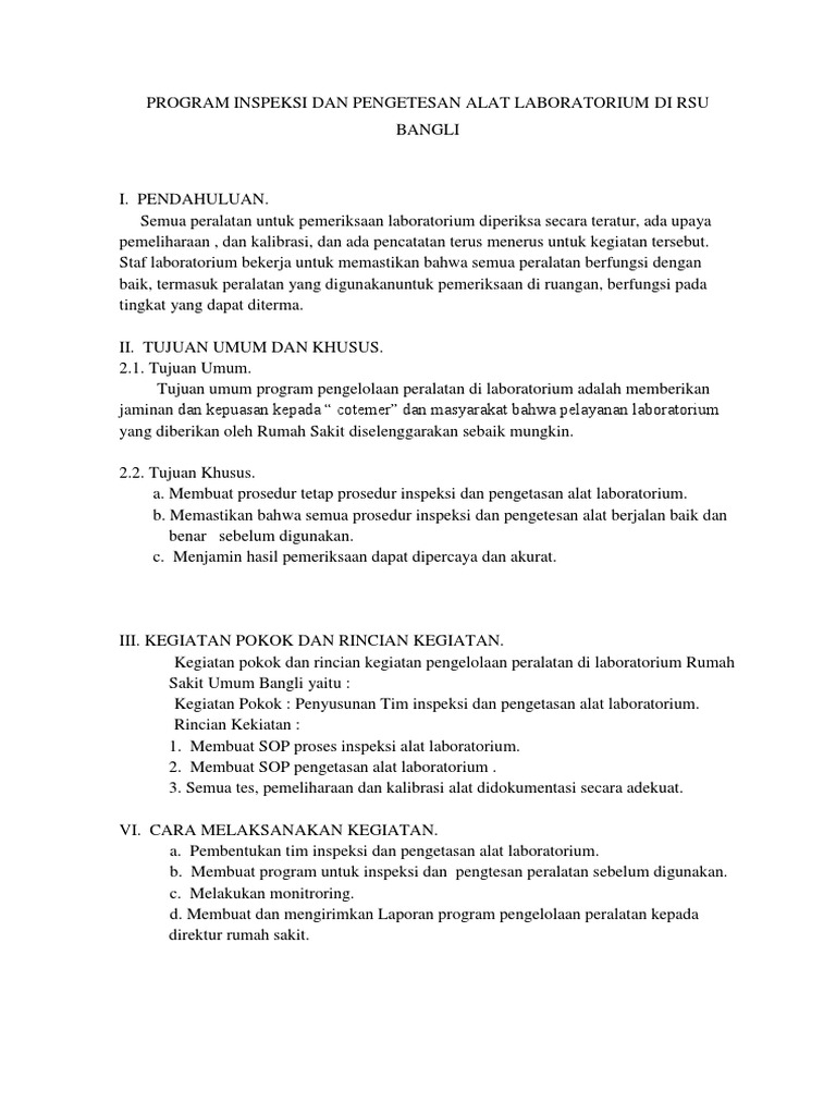 Program Inspeksi Dan Pengetesan Alat Laboratorium Di Rsu Bangli | PDF