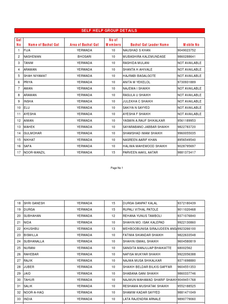 Gat No Name of Bachat Gat Area of Bachat Gat No of Members Bachat Gat Leader Name Mobile No | PDF