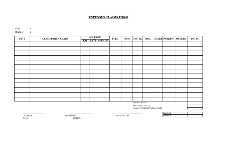 Expenses Claims Form::: Mileage Fuel Food Hotel Toll Ticket Parking ...