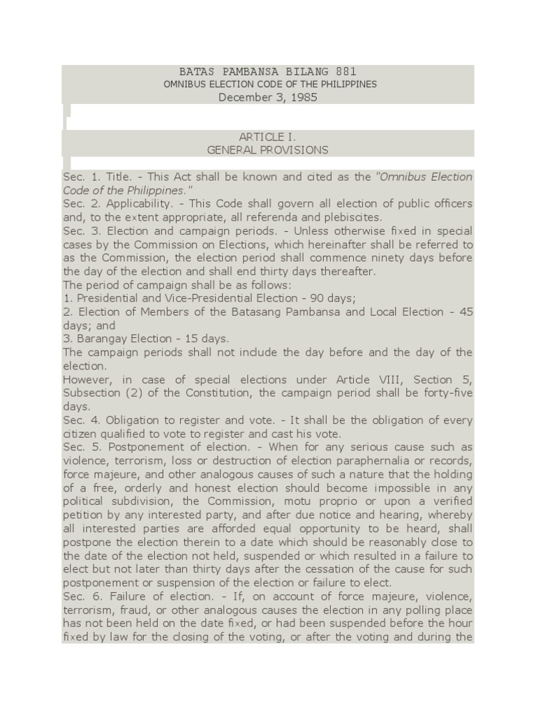 BATAS PAMBANSA BILANG 881 Omnibus Election Code | PDF | President Of ...