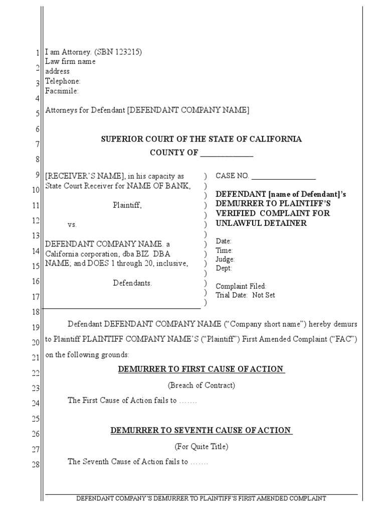 Sample Demurrer to Verified Complaint | Demurrer | Separation Of Powers ...