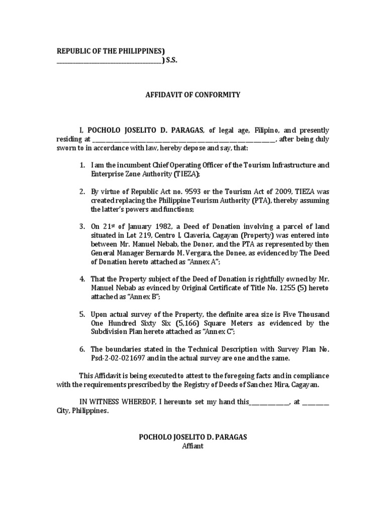 Affidavit of Conformity (Cagayan Property) | PDF
