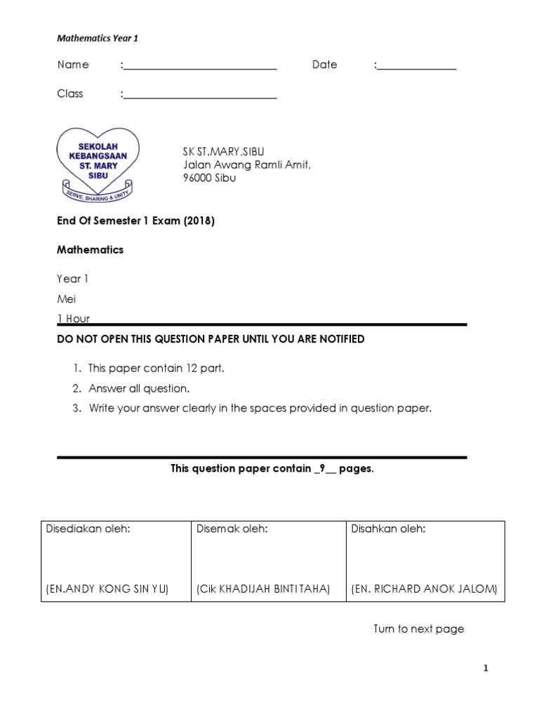 Year 1 Math Exam | PDF | Teaching Mathematics