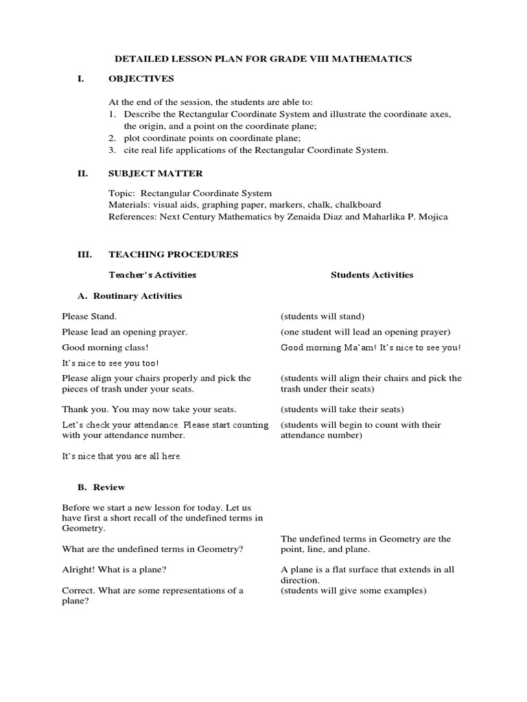 Detailed Lesson Plan For Grade Viii Mathematics I. Objectives | PDF ...