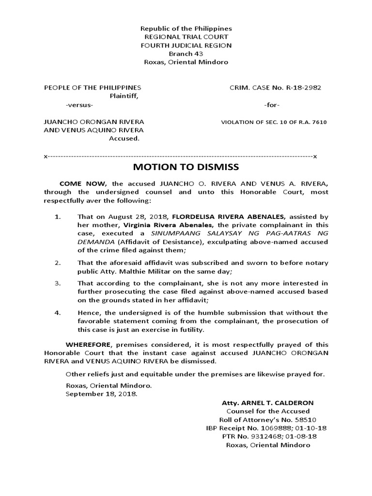 Motion to Dismiss Criminal Charges of Violating the Anti-Child Abuse Law Due to Complainant's ...