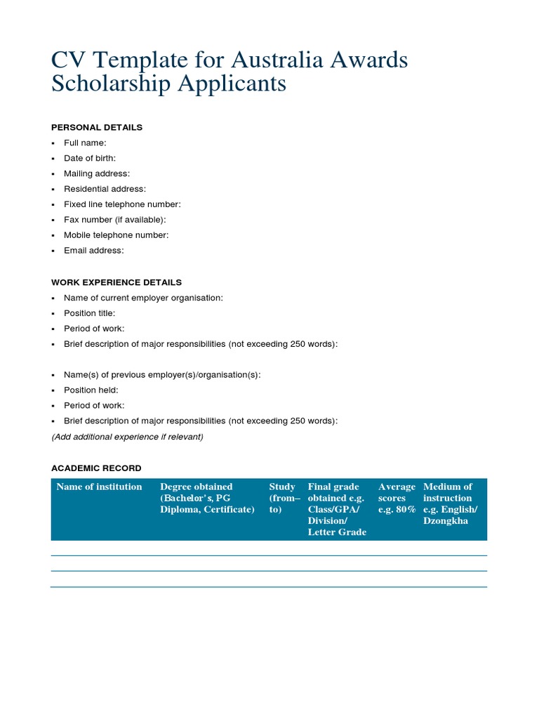 CV Template For Australia Awards Scholarship Applicants: Personal ...
