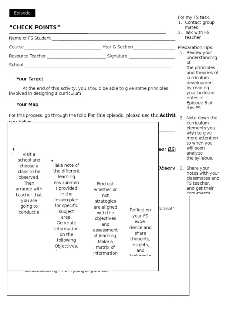 "Check Points": For This Episode, Please Use The Activity Form Provided ...