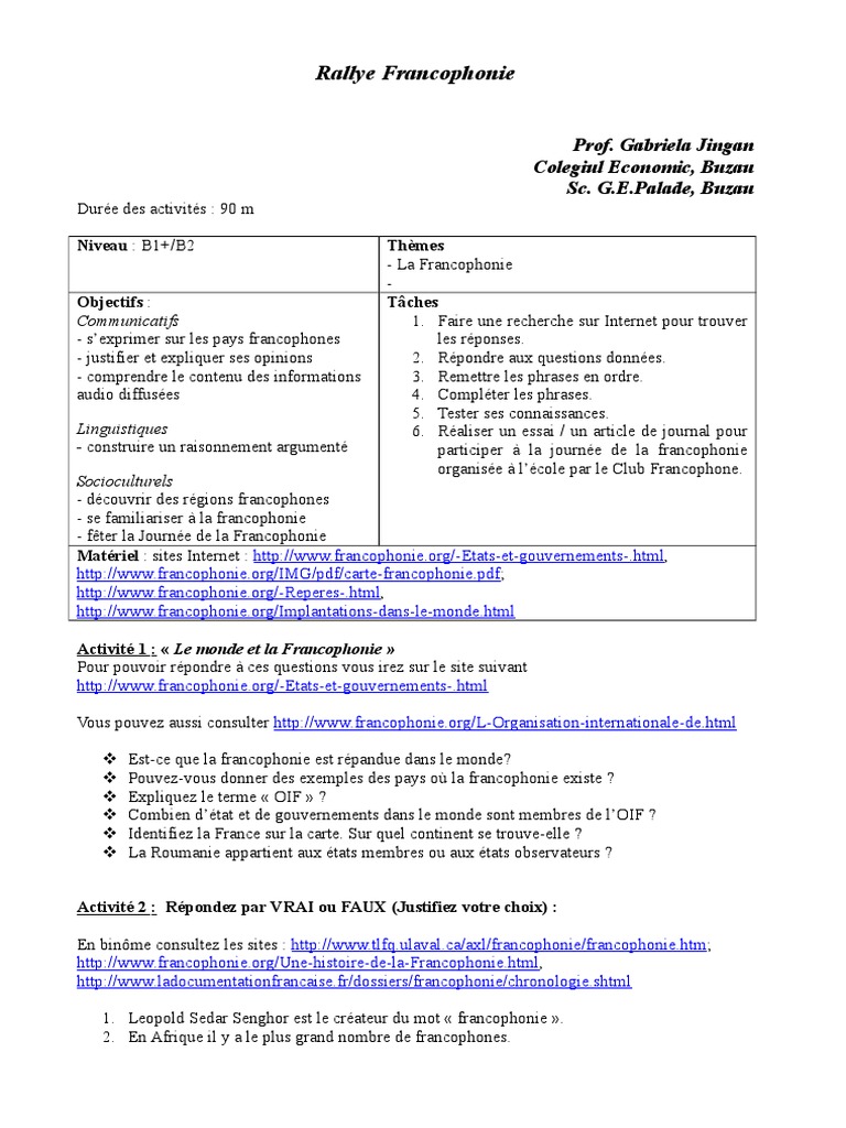 Rallye éducatif sur la Francophonie | PDF | la Francophonie | Dé