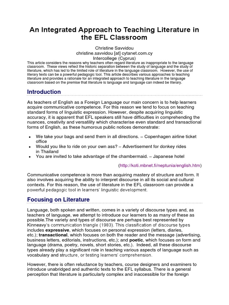 An Integrated Approach To Teaching Literature in The EFL Classroom ...