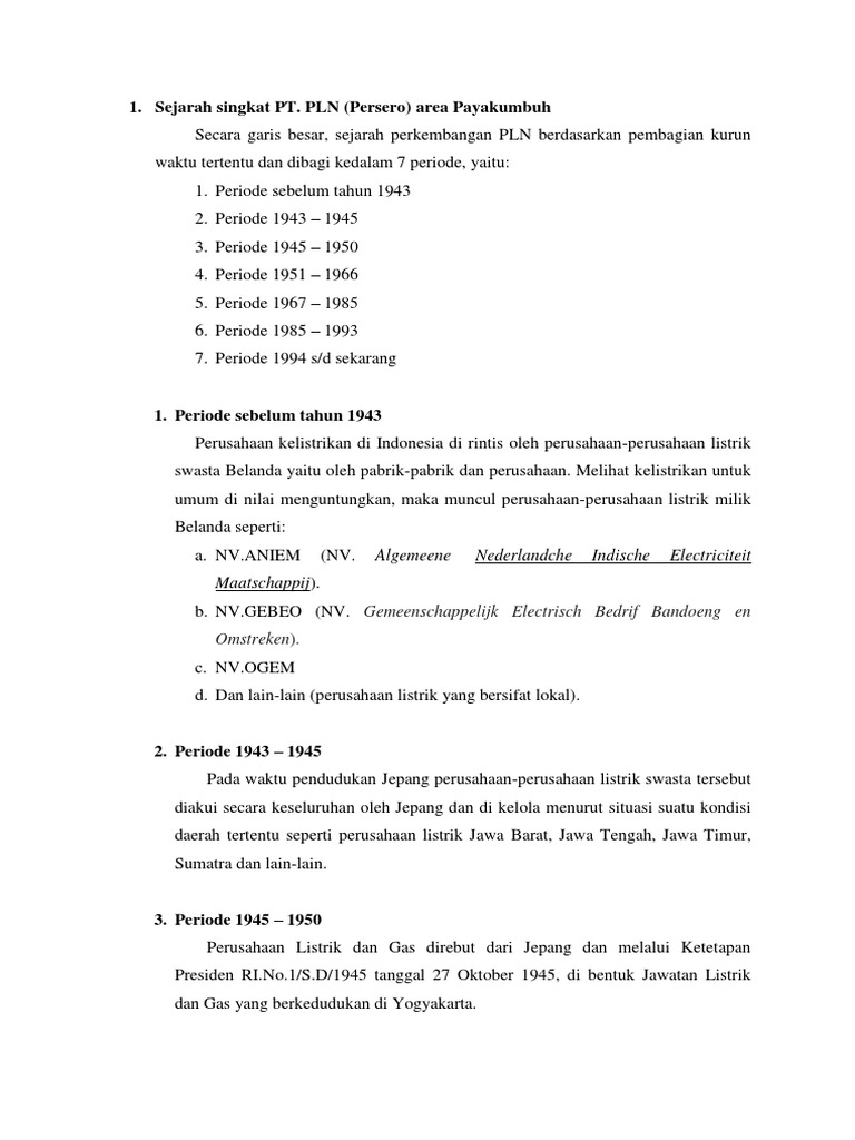 Sejarah Singkat PT. PLN (Persero) Payakumbuh | PDF