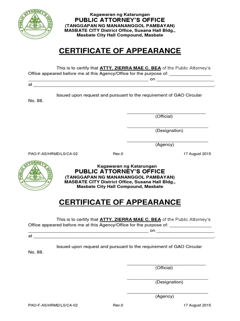Certificate of Appearance for Attorney | PDF | Finance & Money Management