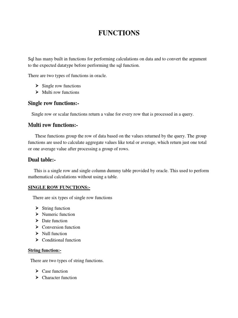 Single Row Functions | PDF | Parameter (Computer Programming) | Table ...