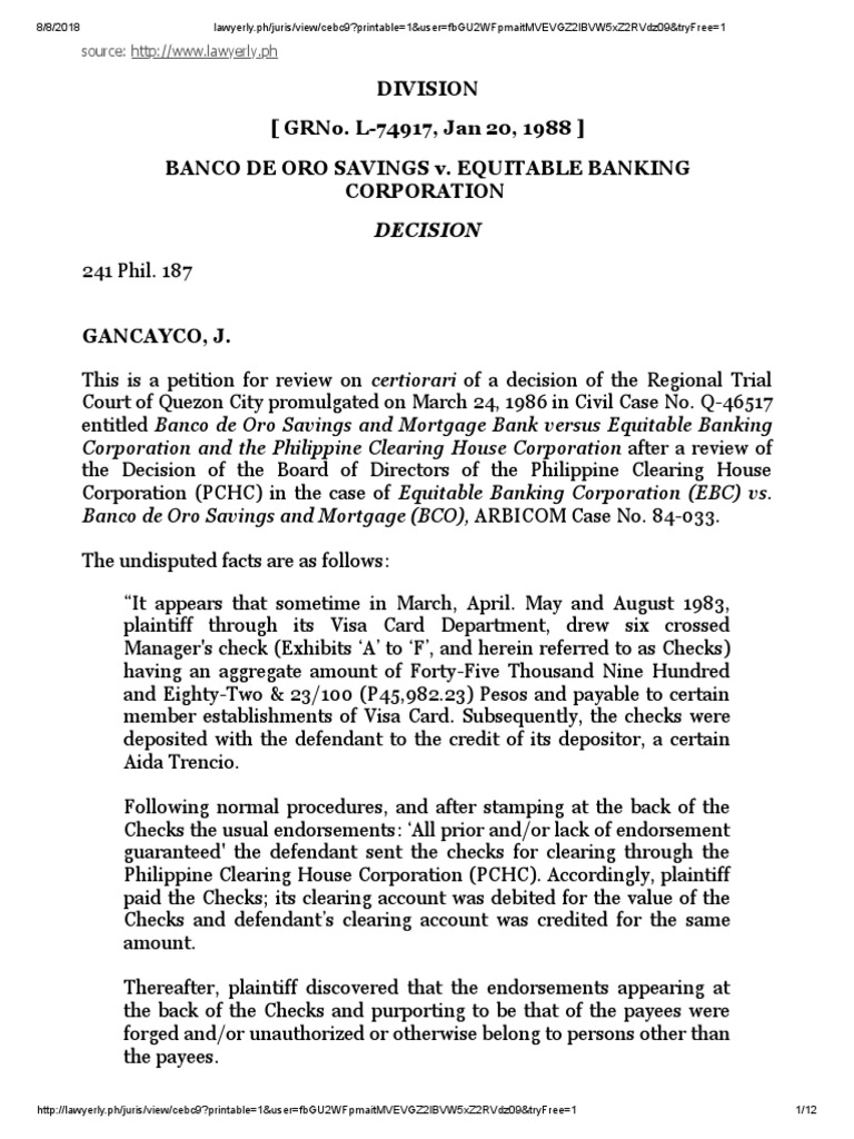 Division (Grno. L-74917, Jan 20, 1988) Banco de Oro Savings V ...
