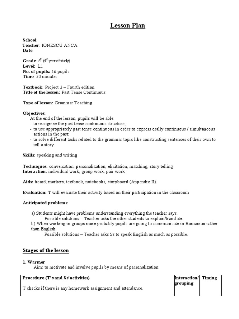Past Tense Continuous Lesson Plan | PDF | Homework | Teachers