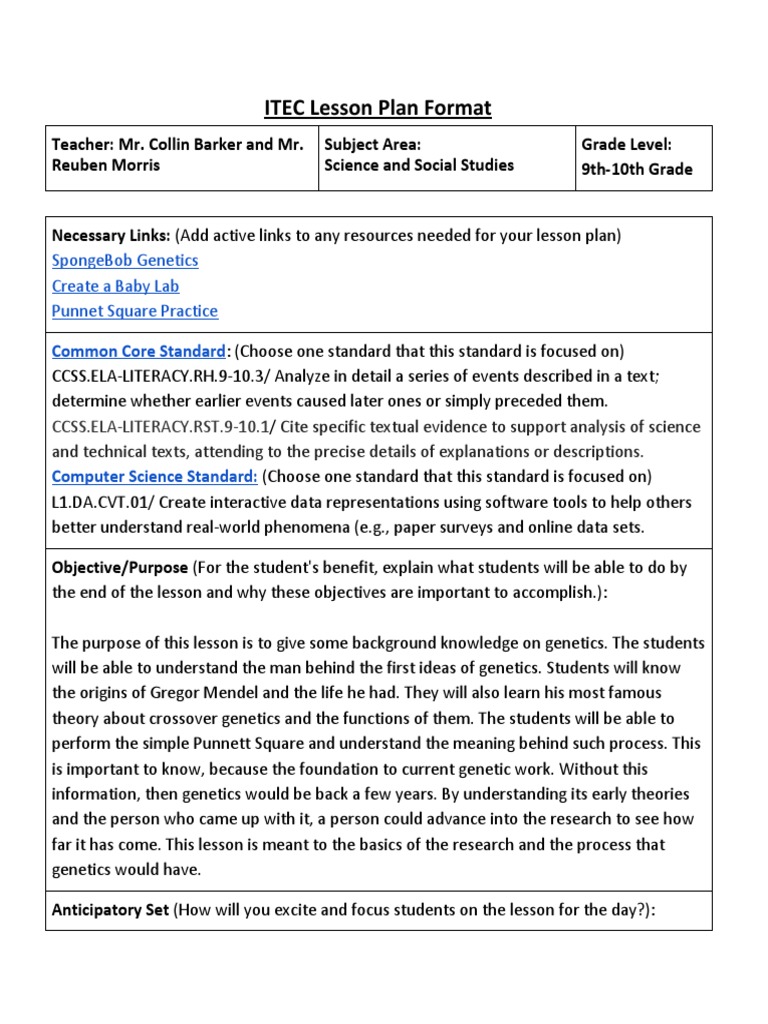 Lesson Plan For Gregor Mendel | PDF | Homework | Cognition