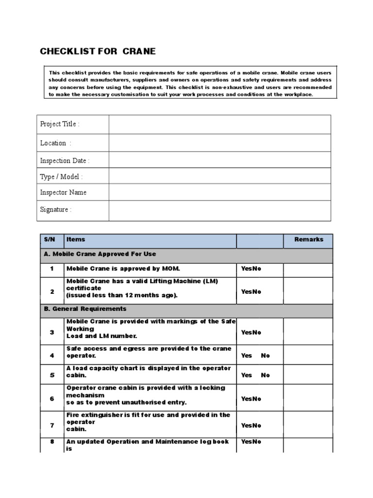 3 Mobile Crane Checklist | PDF | Crane (Machine) | Equipment