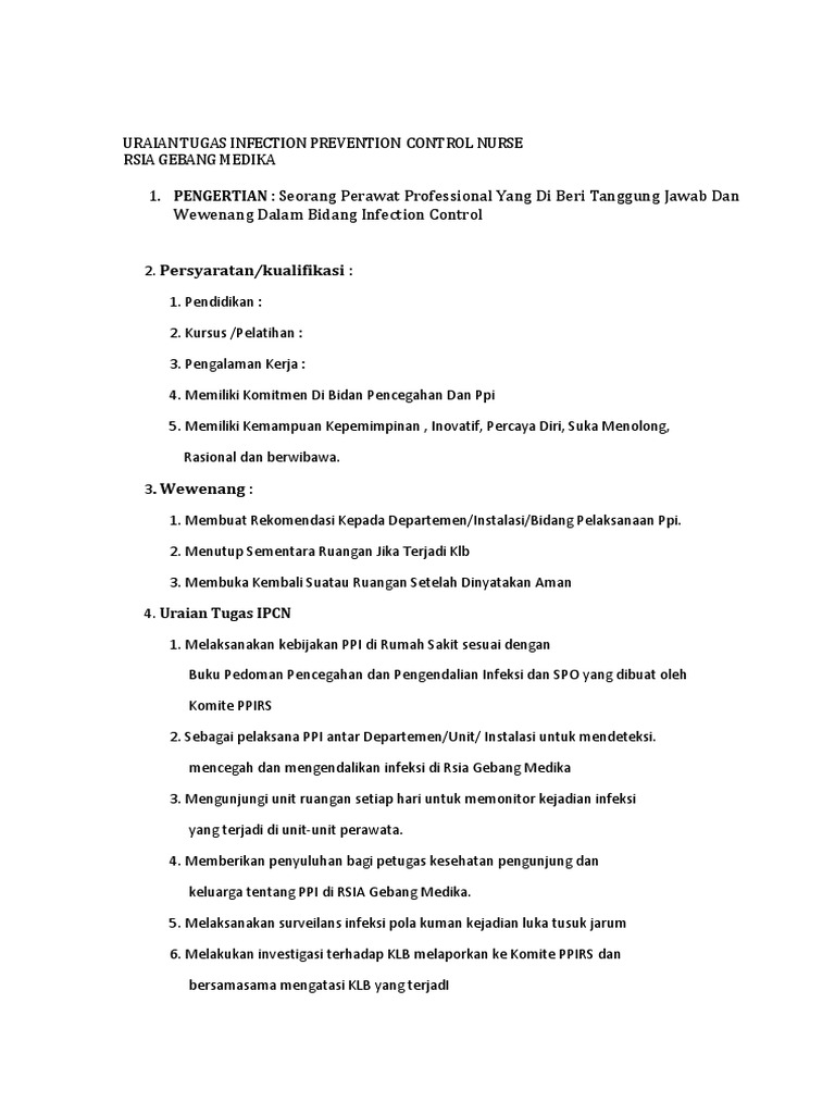Uraian Tugas Infection Prevention Control Nurse | PDF | Kesehatan Holistik | Sains & Matematika